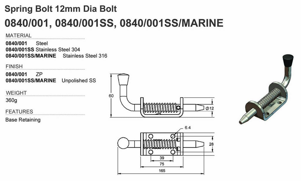 Rust Resistant Spring Bolt 304 - For Caravan, Camper Trailer, Boat ...